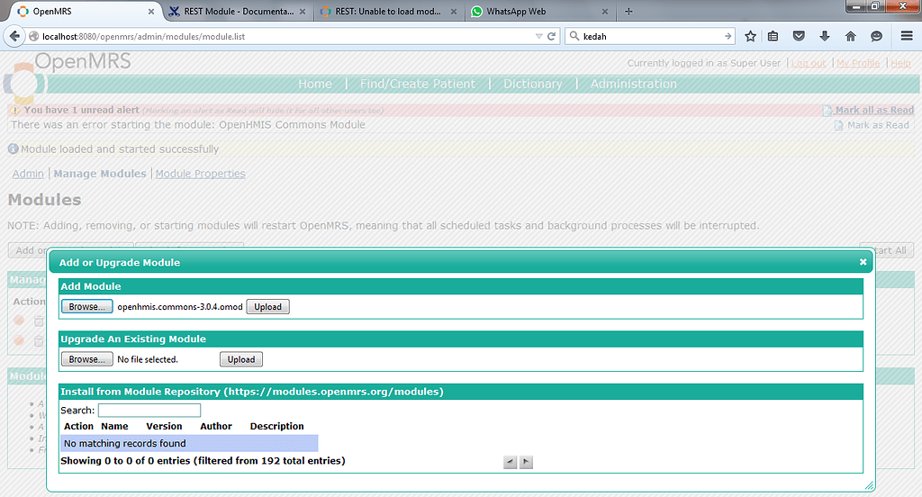 Why can't I see the module list after installing OpenHMIS Commons? - Ask OpenMRS - OpenMRS Talk