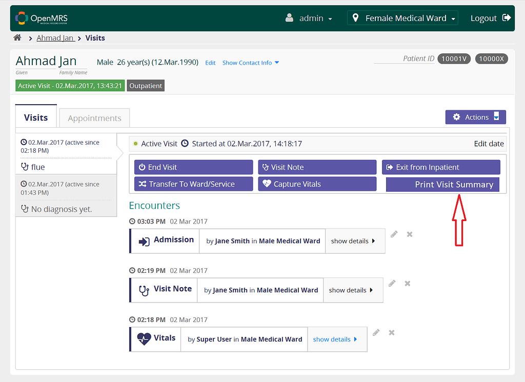 How to print a specific visit details of a Patient from visits page? OpenMRS 2x RefApp 2x ...