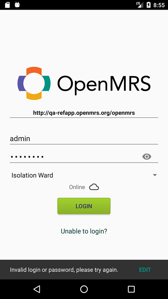 Login error on qa-refapp - Android Client - OpenMRS Talk