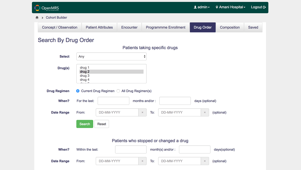 Sample of the drug order module interface in cohort builder - Community ...